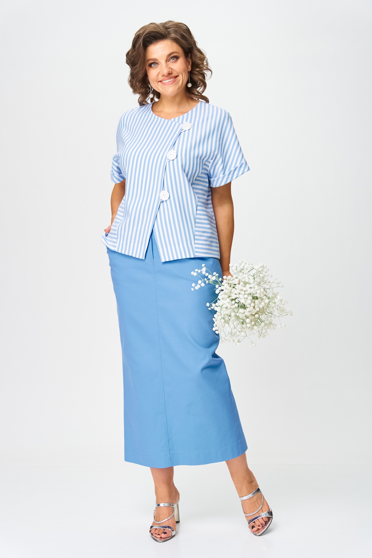 Костюм с юбкой 1422 голубой + полоска Michel Chic купить в интернет магазине Велесмода